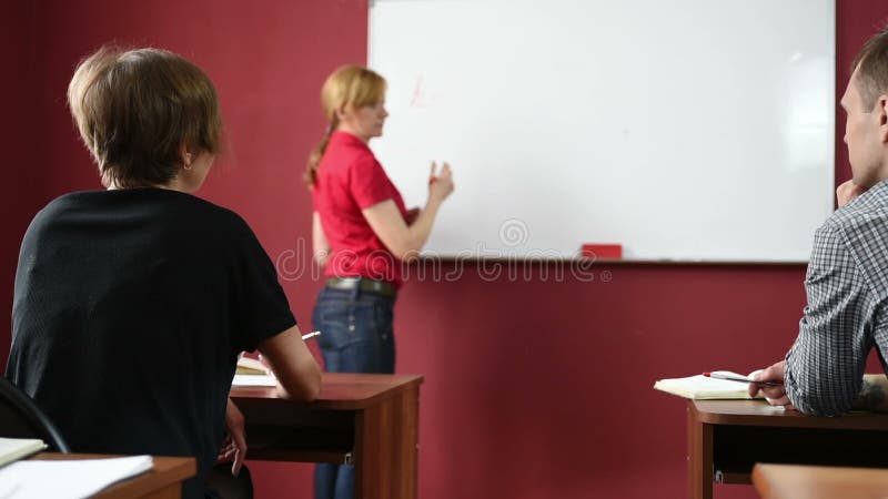Female Teacher Giving a Lecture at the University. Transmits Notebook ...