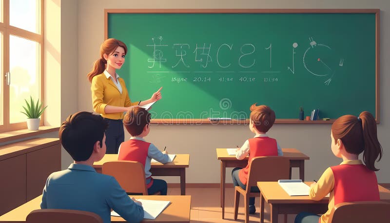 A Female Teacher Instructs a Group of Students in a Bright, Well-lit ...