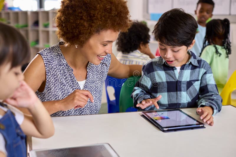 Female Teacher with Multi-Cultural Elementary School Pupils Using ...