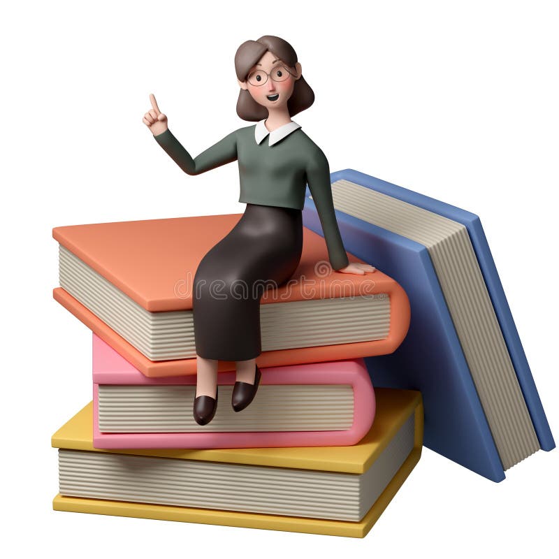 Female Teacher Pointing To Copyspace while Sitting on Stack of a Book Stock Illustration ...