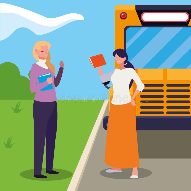 Female Teachers Couple in Stop Bus Characters Stock de ilustración ...