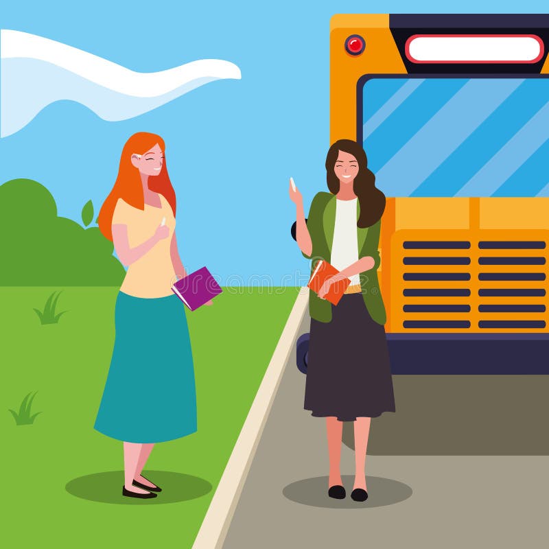 Female Teachers Couple in Stop Bus Characters Stock de ilustración ...