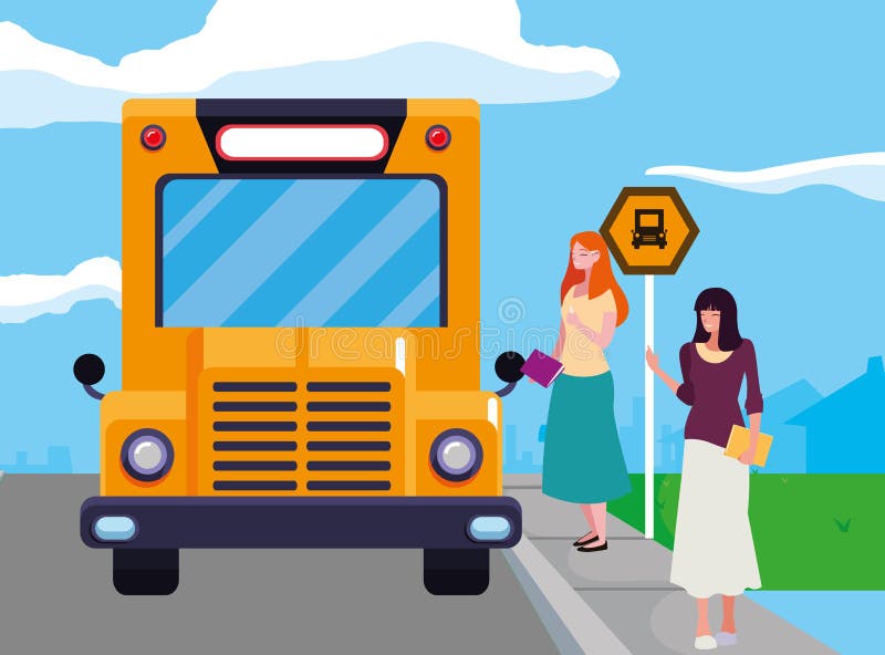 Female Teachers Couple in Stop Bus Characters Stock de ilustración ...