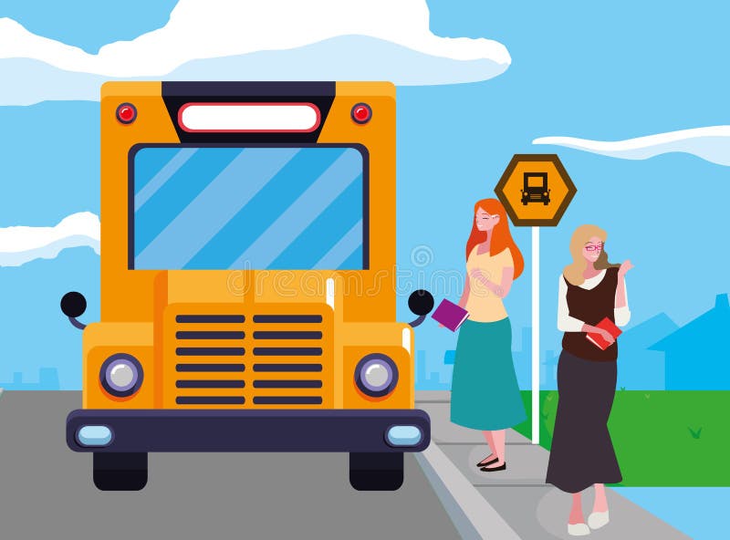 Female Teachers Couple in Stop Bus Characters Stock de ilustración ...