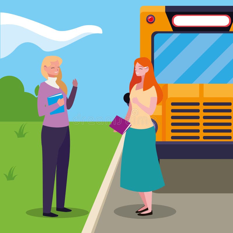 Female Teachers Couple in Stop Bus Characters Stock de ilustración ...