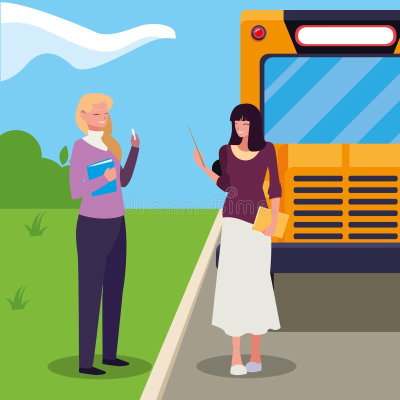 Female Teachers Couple in Stop Bus Characters Stock de ilustración ...