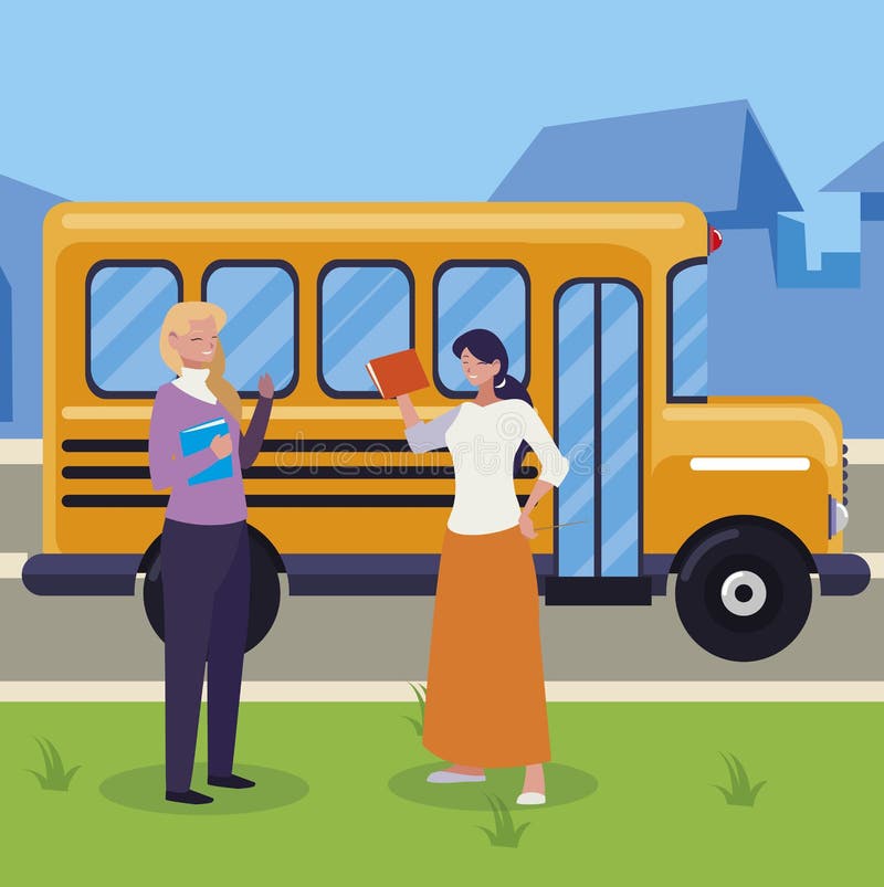 Female Teachers Couple in Stop Bus Characters Stock de ilustración ...