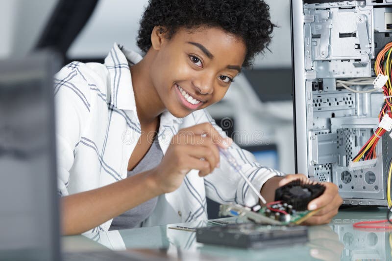Female Technician Fixing Computer Indoors Stock Photo - Image of female ...