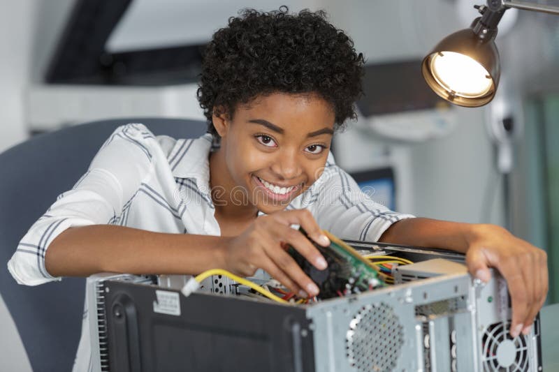 Female Technician Fixing Computer Room Stock Photo - Image of office ...