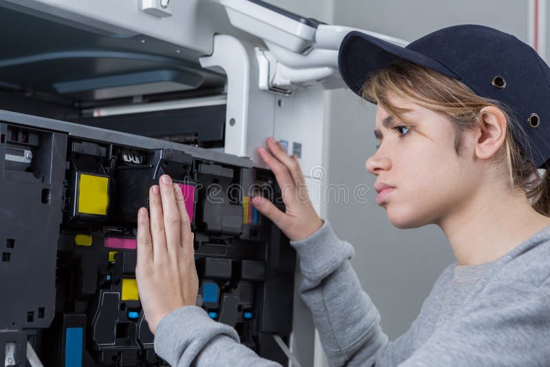 Female Technician Fixing Printer Stock Photo - Image of scan, operating ...