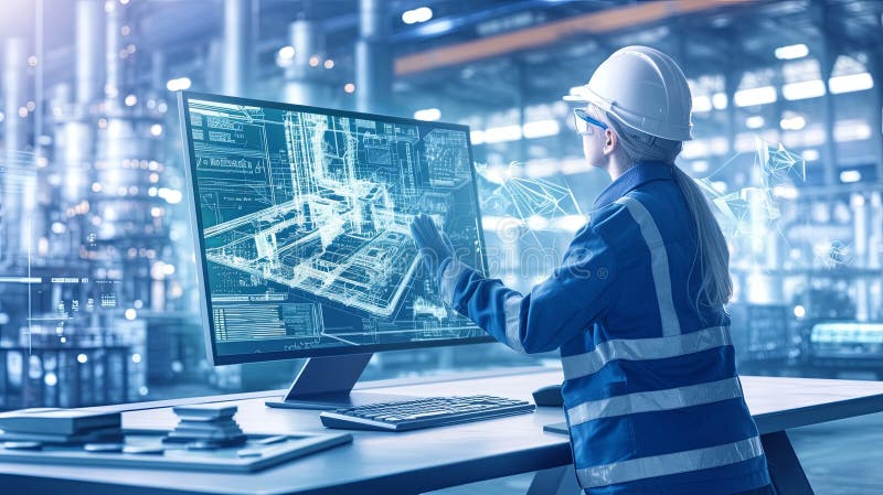 Female Technician in Hardhat Working on Digital Engineering Project ...