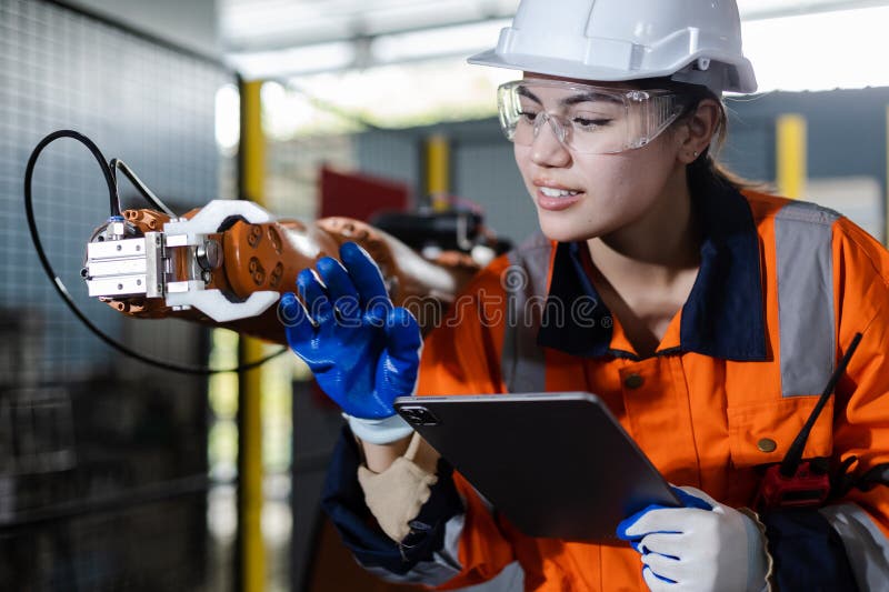 Female Technician Modern Factory, Technical of Robot Operation ...