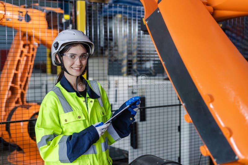 Female Technician Modern Factory, Technical Supervisor of Robot ...