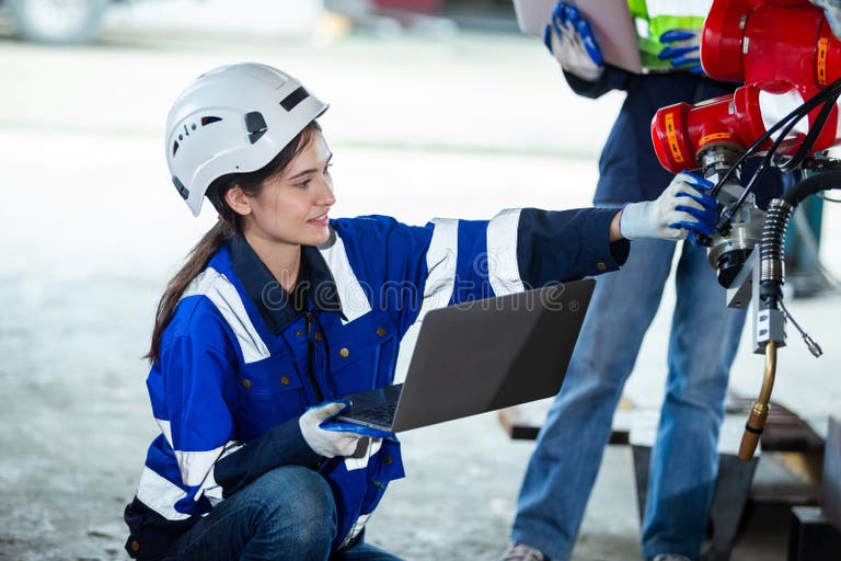 Female Technician Modern Factory, Technical Supervisor of Robot ...