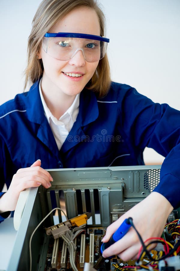 Female Technician Repairing a Computer Stock Photo - Image of goggles ...