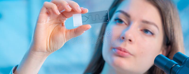 Female Technician Take Sample on Microscope Slide Stock Image - Image ...