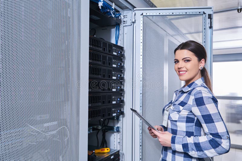Female Technician Working on Server Maintenance Stock Photo - Image of ...