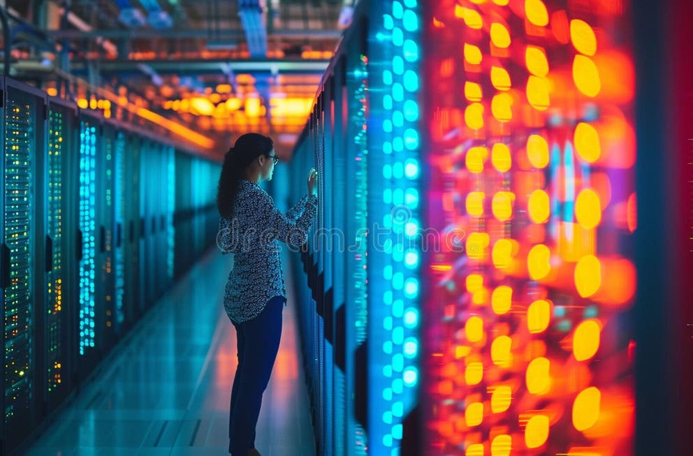 Female Technician Working with Server Racks in a Data Center. Stock ...