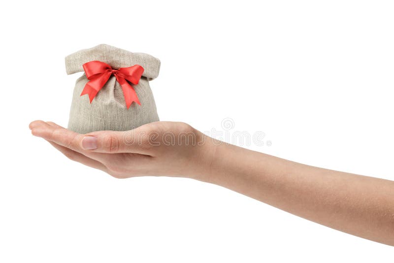 Female Teen Hand Holding Sack Back with Present Stock Photo - Image of ...