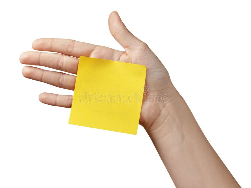 Female Hand Holding Note Paper Isolated White Yellow Sticker Stock ...