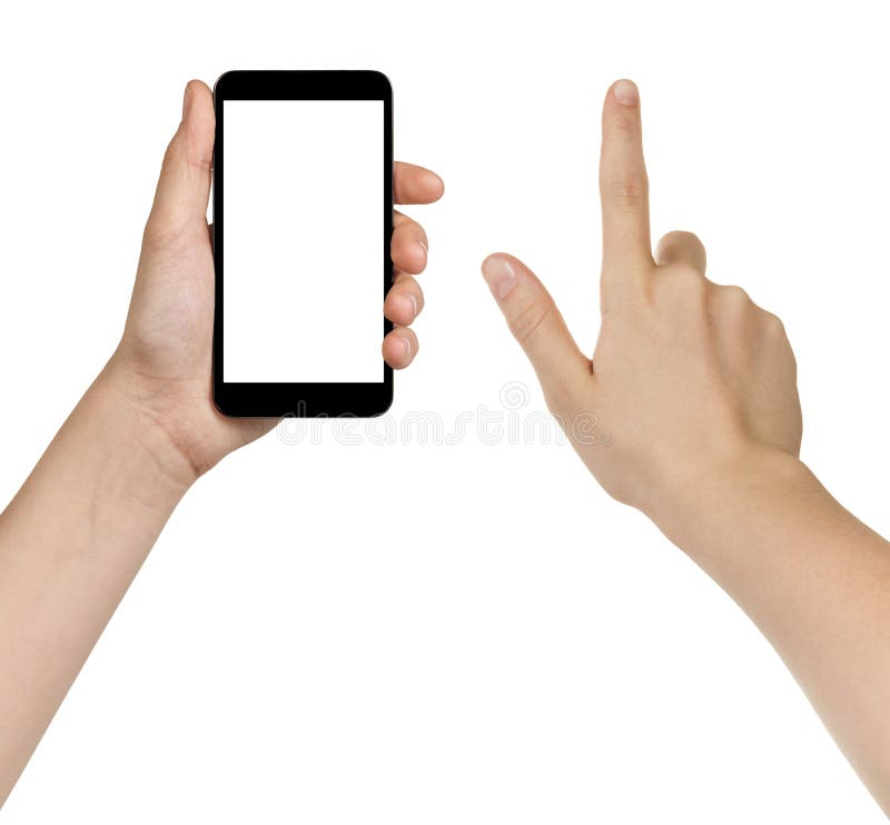 Hand Holding and Touching Phone Mobile Isolated on White Bac Stock ...