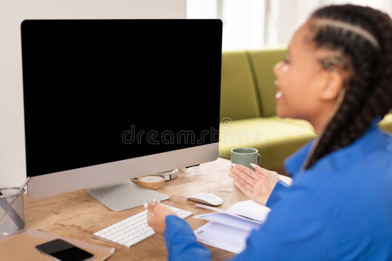 Female Teen Student Communicating in Online Class, Gesturing at ...