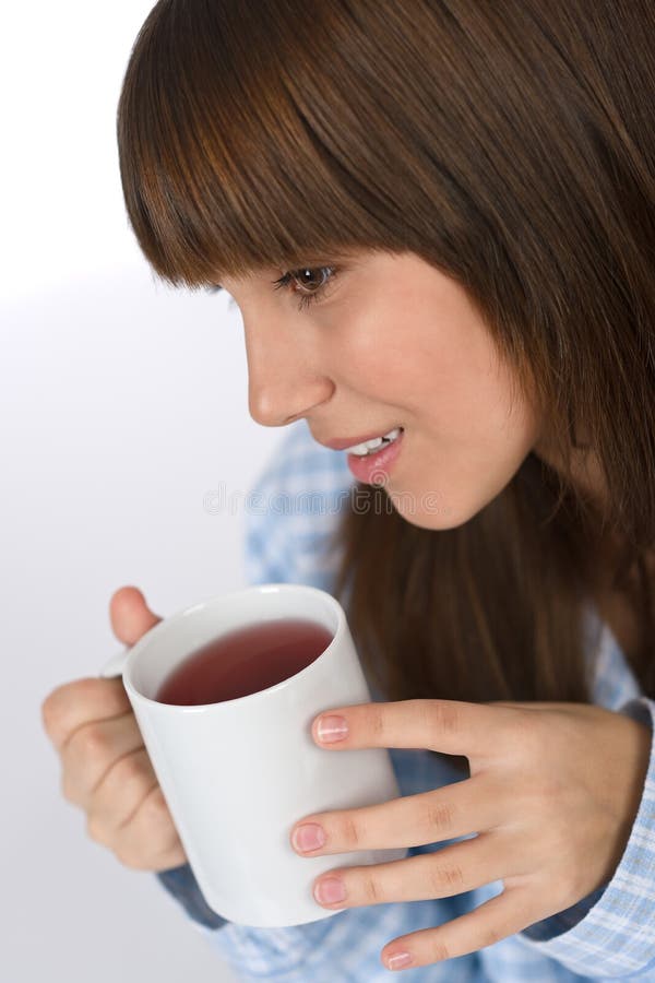 Female Teenager with Cup of Tea for Breakfast Stock Photo - Image of ...