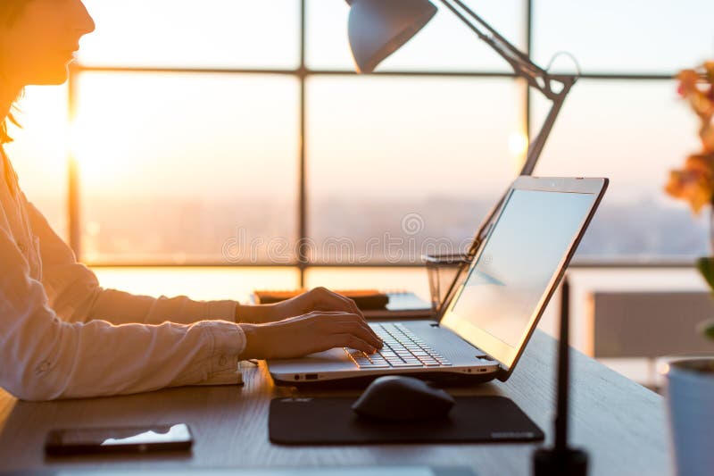 Female Teleworker Texting Using Laptop and Internet, Working Online ...