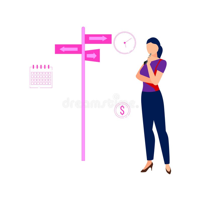 The Female is Thinking about Direction Boards Stock Illustration ...