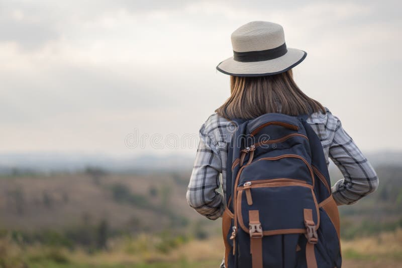 Female Tourist with Backpack in Countryside Stock Image - Image of ...