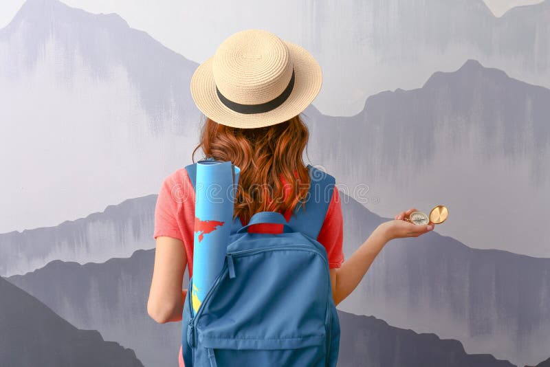 Female Tourist with Backpack Near Grey Wall Stock Image - Image of ...