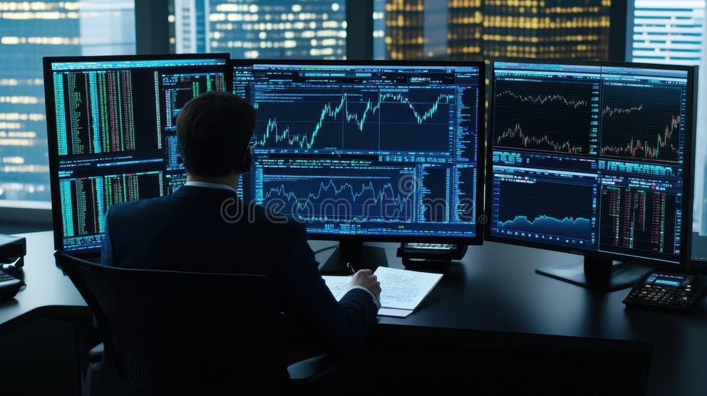 Female Trader Working on a Computer Making Notes on Stock Performance ...