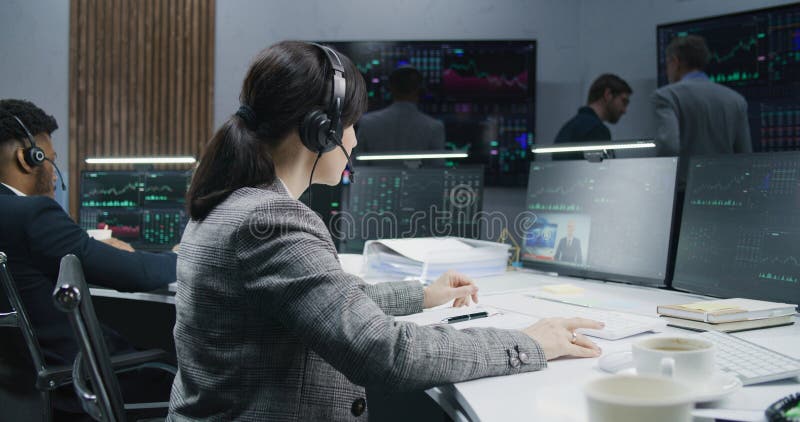 Female Trader Writes in Notepad and Work Stock Image - Image of analyze ...