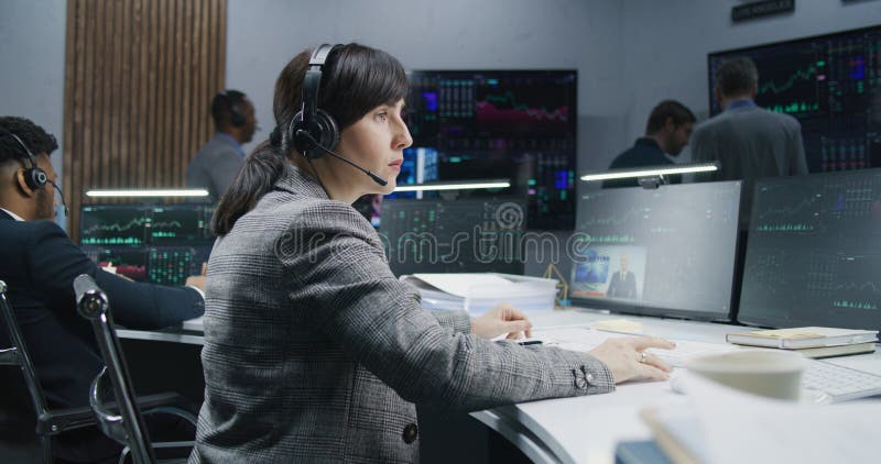 Female Trader Writes in Notepad and Work Stock Image - Image of analyze ...