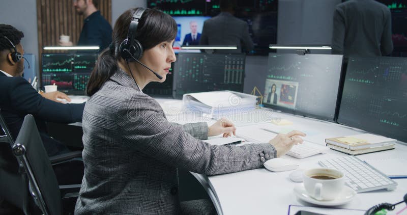 Female Trader Writes in Notepad and Work Stock Image - Image of analyze ...