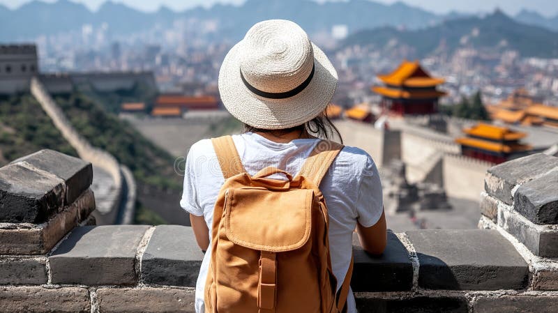 Female Traveler with Backpack Exploring Great Wall, Overlooking Scenic ...