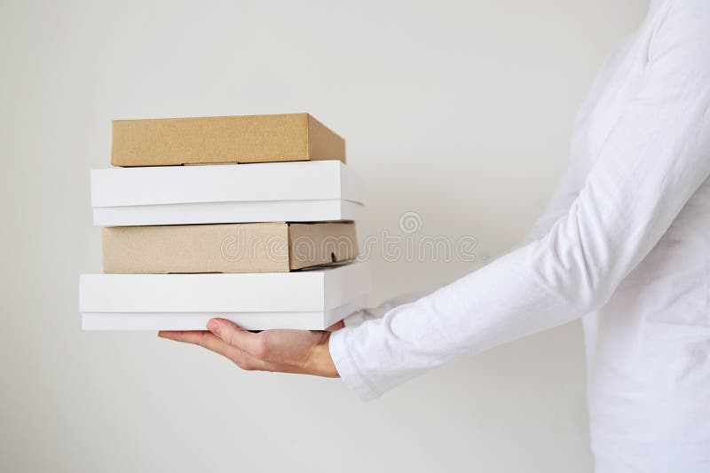 A Female Two Hands Hold the Empty Boxes. Stock Image - Image of packer ...