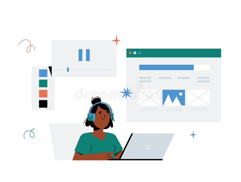 Female UI Designer Working on Website Layout in Flat Vector ...