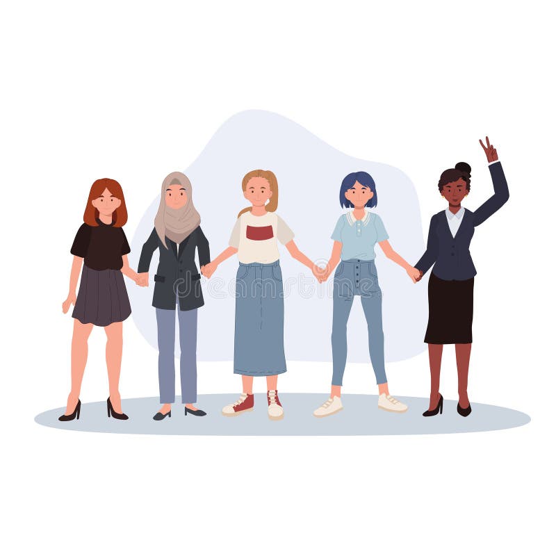 Female Unity Multicultural Women Standing Together in Support. Women Holding Hands Standing ...