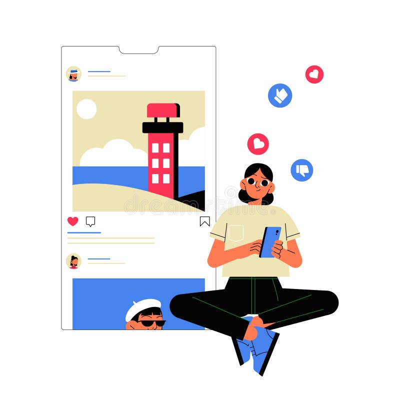 Female User Browsing Social Media in Flat Vector Illustration ...