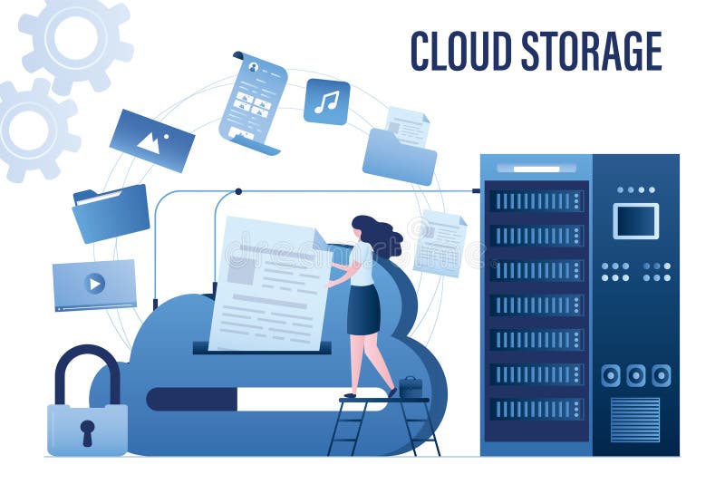 Female User Puts File in Cloud Storage. Woman Upload and Download Data with Remote Servers Via ...