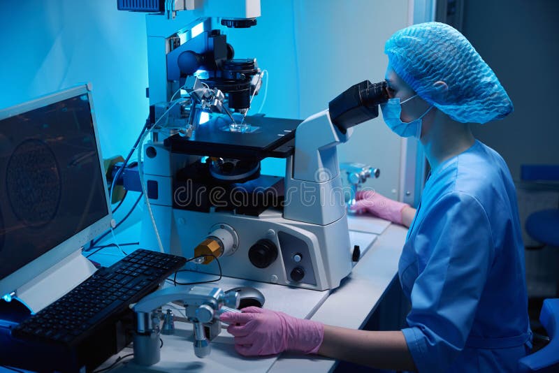 Female Using a Microscope for a Delicate Procedure Stock Image - Image ...
