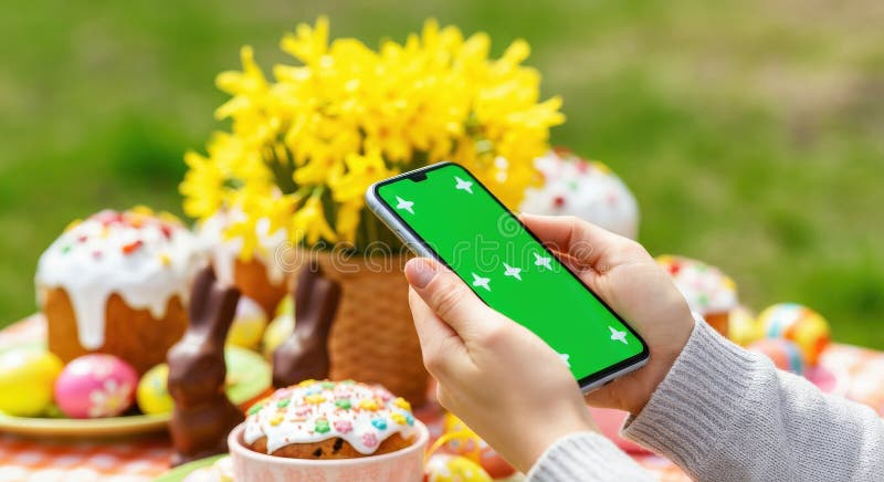 Female Using Smartphone at Easter Table with Decorative Cakes and Eggs ...