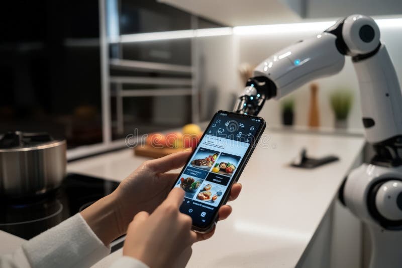 Female Using Smartphone for Recipe Assistance in Modern Kitchen with ...