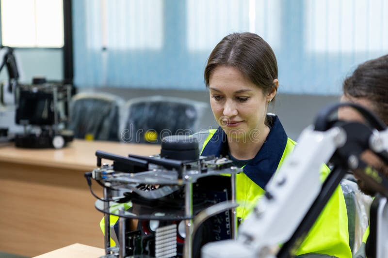 Female Using Tablet Staff Engineer with Robot for Education at Class ...