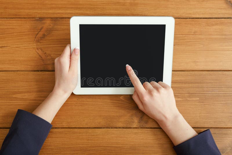 Female Using Tablet at Workplace, Top View, Close Up Stock Image ...
