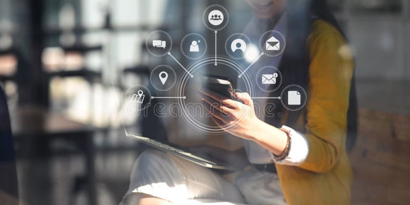 Female Using Technology on Her Mobile Phone with Icon and Visual ...