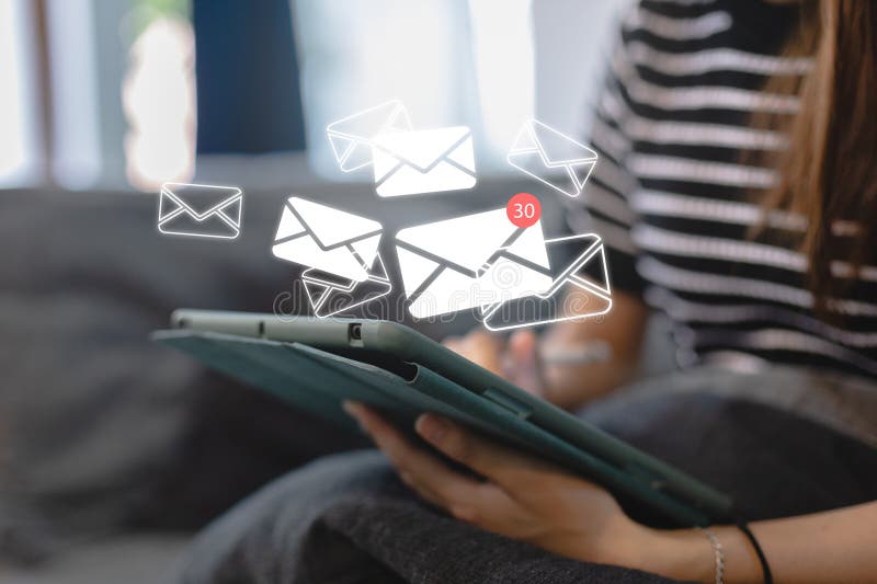 Female Using Touch Tablet Screen with Virtual Mail Icons. E-mail ...