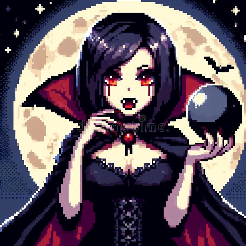 Female Vampire Cartoon Character with Moon Background, Pixel Art Stock Illustration ...