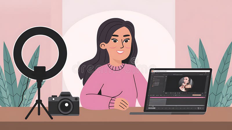 Female Video Editor, Content Creator, Ring Light, Camera, Laptop, Adobe ...